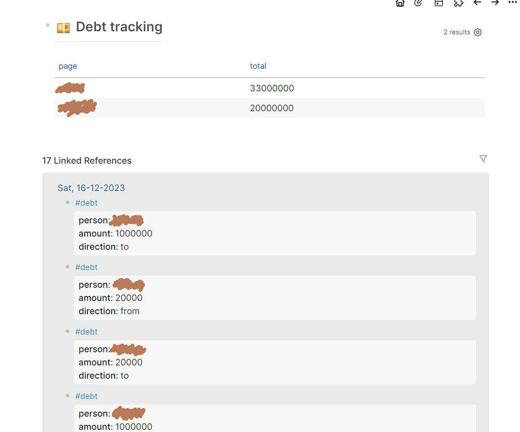 Query for tracking debt (and more) - Look what I built - Logseq